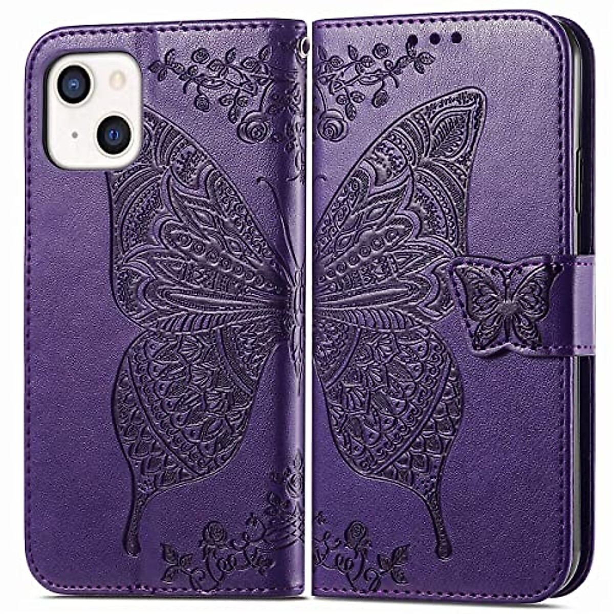 KRHGEIK Designed for iPhone 13 Mini Wallet Case,Women Flip Folio Cover with Butterfly Embossed PU Leather Kickstand Credit Card Holder Slots Wrist Strap Phone Case for iPhone 13 Mini 5.4" (Purple)