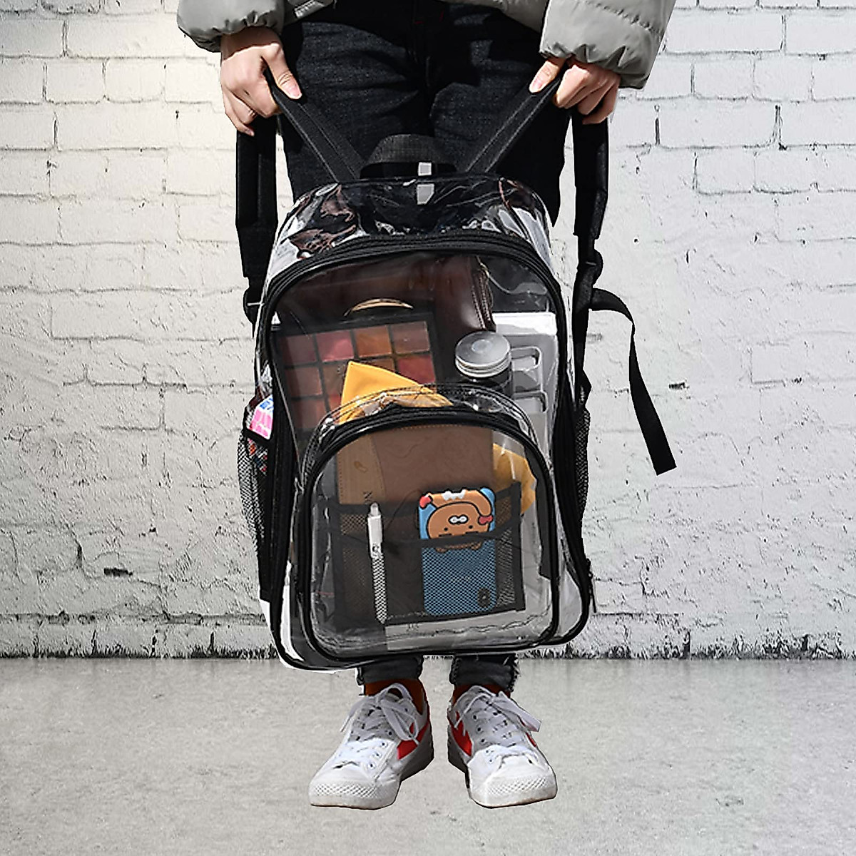 AONETIGER Clear Black Backpack Heavy Duty PVC with Reinforced Strap,Transparent Water-Resistant Backpack for Shool Work