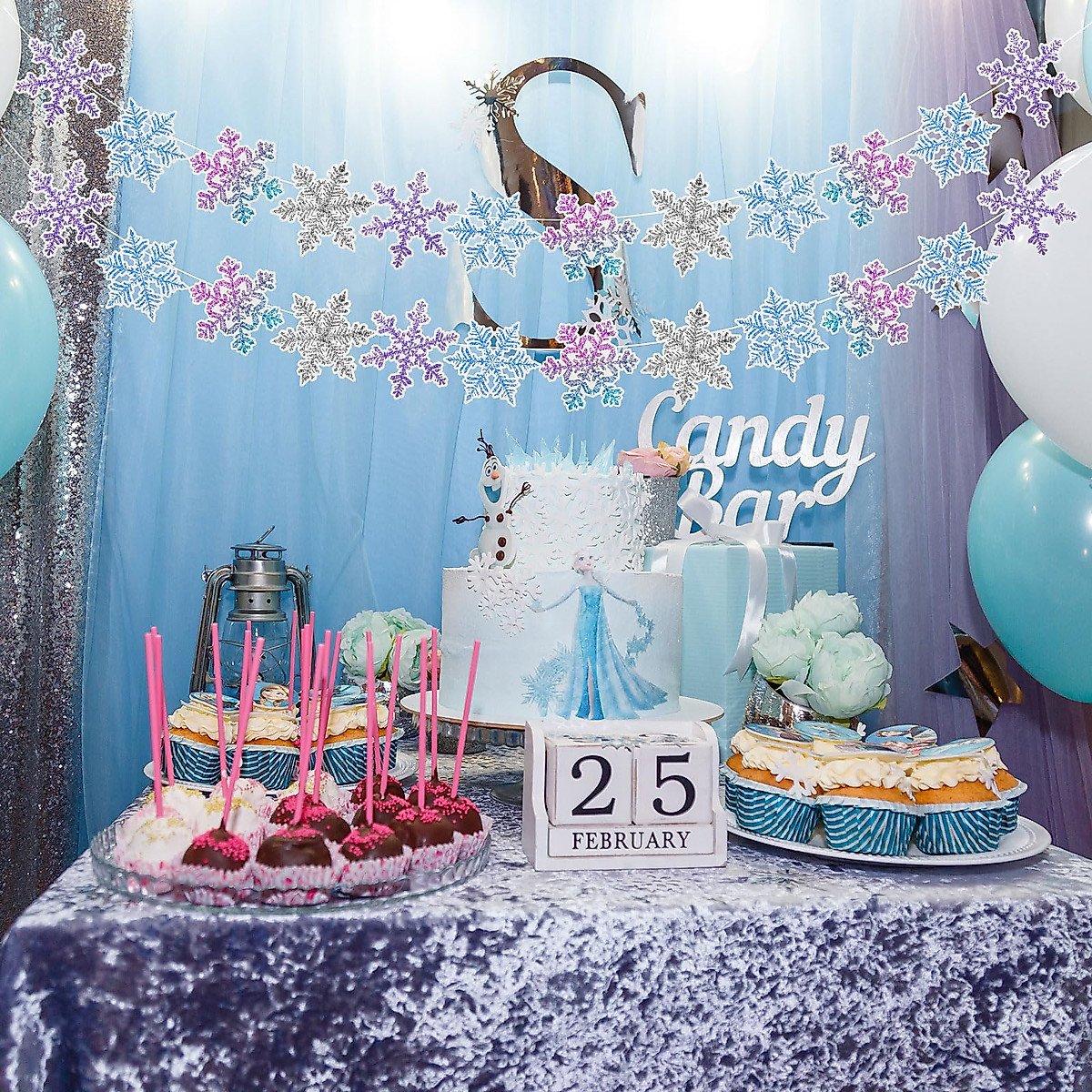 TaoBary 2 Pack Frozen Snowflake Banner Garland Frozen Birthday Party Decorations Winter Snowflake Banners Blue Purple Silver Glitter Snowflake Garland for Wonderland Baby Shower Decorations