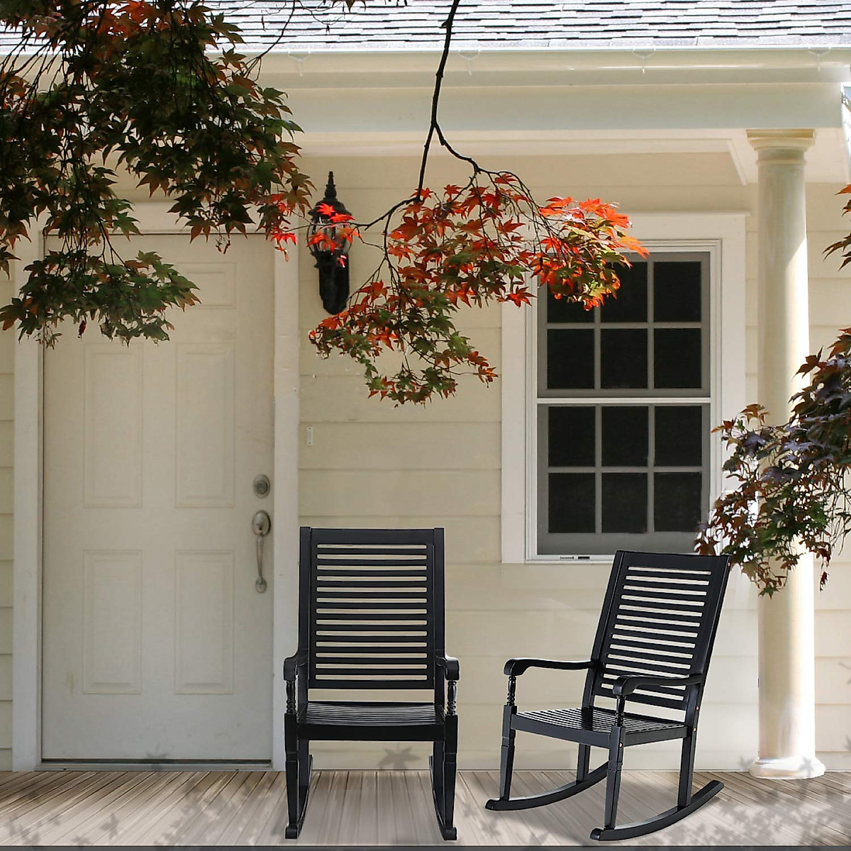 PHI VILLA Outdoor Rocking Chairs Set of 2, Acacia Wood Rocker Chairs for Patio, Deck, Balcony or Porch, 30° Safe Recline Support 350lbs - Black