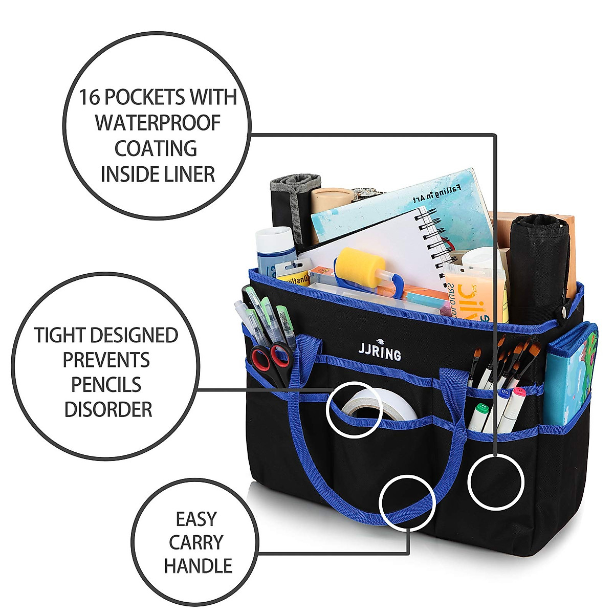 JJRING Large Multi-Functional Carrying Bag, 600D Nylon Artist Tote Bag with 16 Pockets Caddy for Art, Craft, Sewing, Make-up or School, Medical, Office Supplies Organizer, Blue