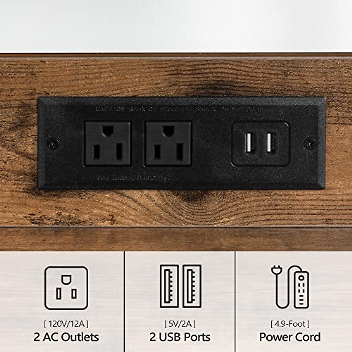 ALLOSWELL 3-Tier Mobile Printer Stand, Rolling Cart with Power Outlets and USB Ports, Industrial Printer Cart, Home Utility Storage Rack with 2 Hooks, for Office, Living Room, Rustic Brown PTHR40E01