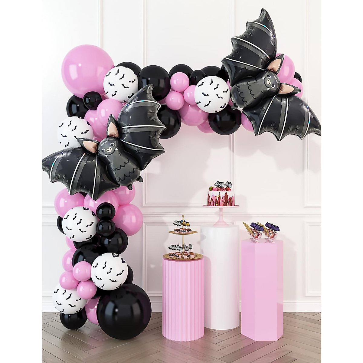 HOUSE OF PARTY Halloween Bat Balloon Garland Kit, 18/12/10/5 inch Black Pink White Balloons Arch with 2 Pcs 40'' Large Bat Foil Balloon, Bat Latex Balloons for Indoor Halloween Party Decorations