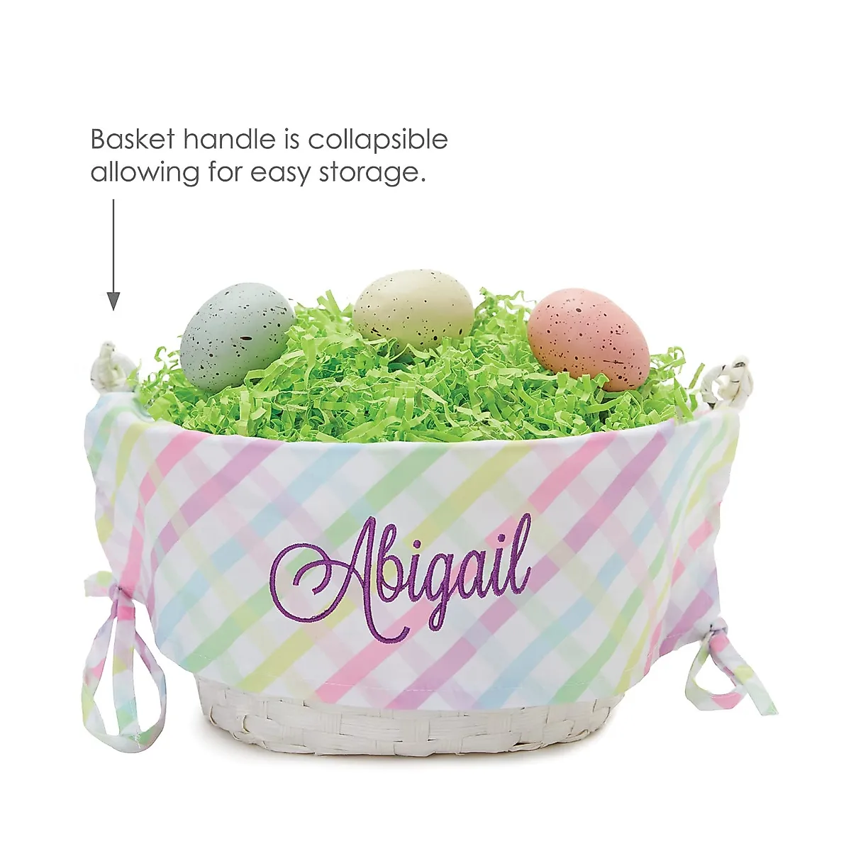 Personalized Easter Egg Basket with Handle and Custom Name in Purple Script | Multicolor Gingham Easter Basket Liners | White Basket | Woven Easter Baskets for Kids Adults | Customized Easter Basket