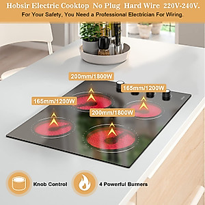 24 Inch Electric Cooktop Hobsir 4 Burners Built-in Radiant Electric Stove, 9 Heating Level, Residual Heat Indicator, Over-Temperature Protection, 220V-240V Hard Wire (No Plug)