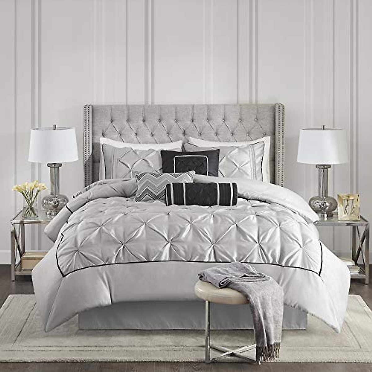 Madison Park Laurel Cozy Comforter Set - Traditional Tufted Faux Silk Design, All Season Down Alternative Bedding with Matching Shams, Decorative Pillow, Grey Queen(90"x90") 7 Piece