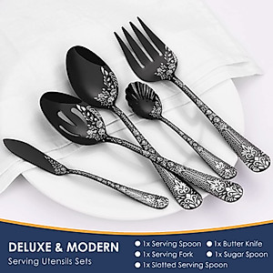 EUIRIO 53-Piece Black Silverware Set with Serving Utensils, Black Flatware Set for 8, Stainless Steel Mirror Cutlery Set, Spoons Forks Knives with Unique Floral Laser, Tableware Set, Dishwasher Safe