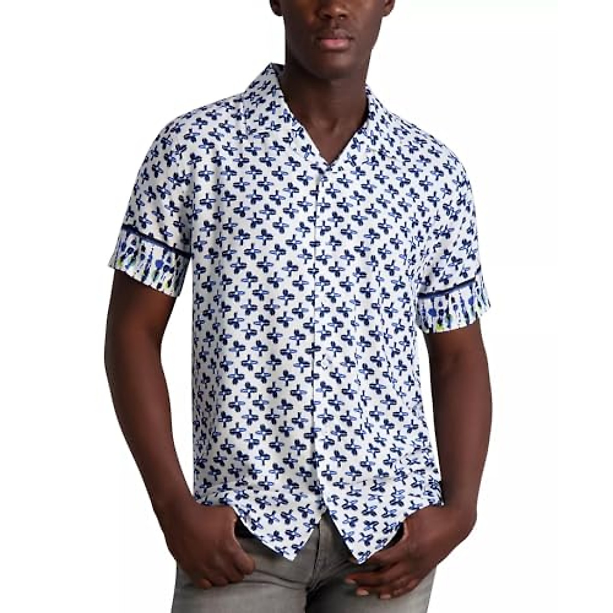 Karl Lagerfeld Paris Men's Floral Print Flowy Shirt, Blue