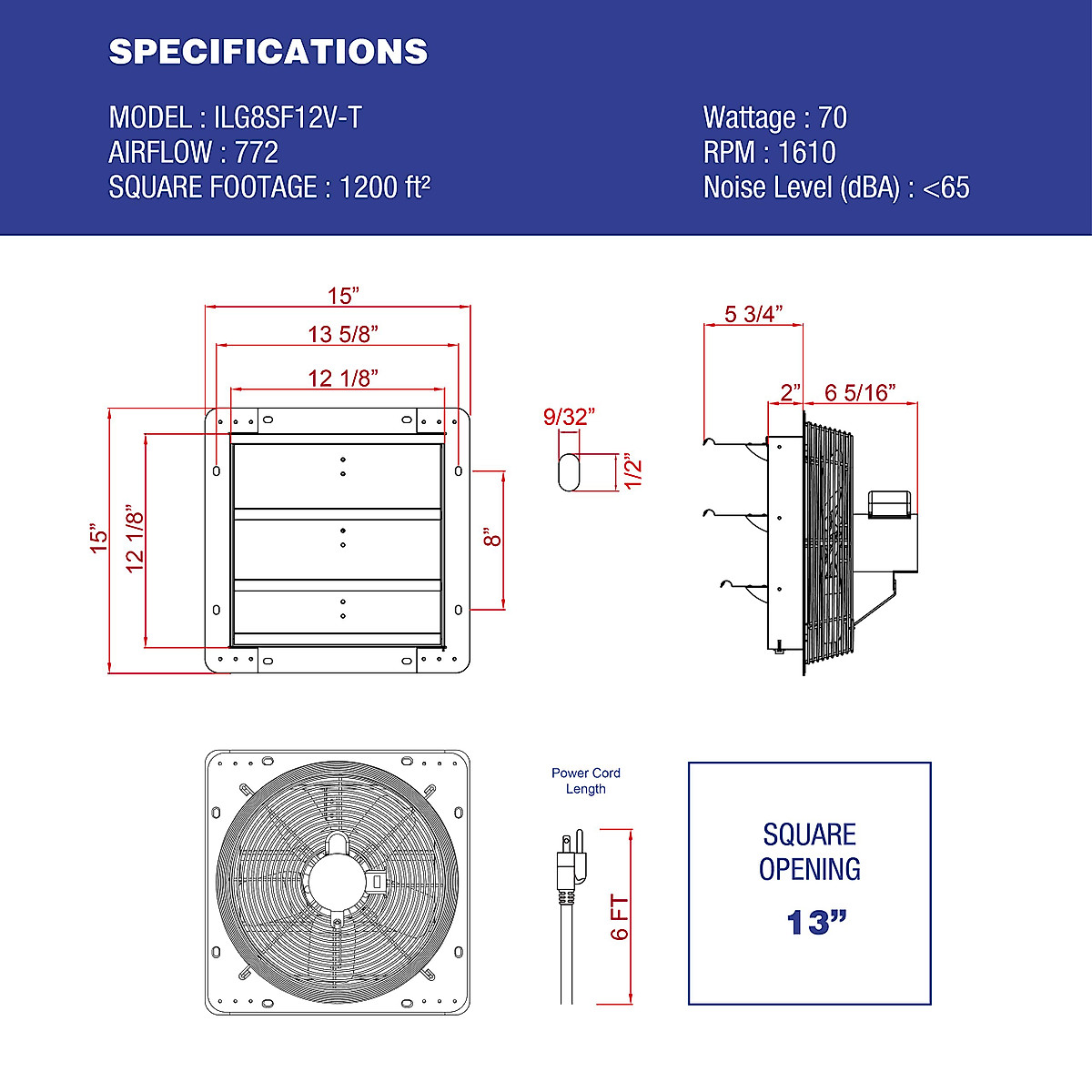 iLIVING 12" Wall Mounted Shutter Exhaust Thermostat Control-3 Speeds Vent Fan For Home Attic, Shed, or Garage Ventilation, 960 CFM, 1200 SQF Coverage Area, Variable, Silver