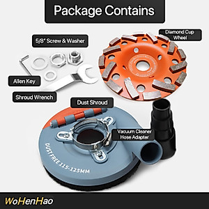 Wohenhao Dust Shroud for Angle Grinder 4.5-5 inch + Diamond Grinding Cup Wheel 5 inch, Universal Surface Grinding Shroud with Grinding Wheel for Concrete Surface, Cement, Marble, Rock, Granite