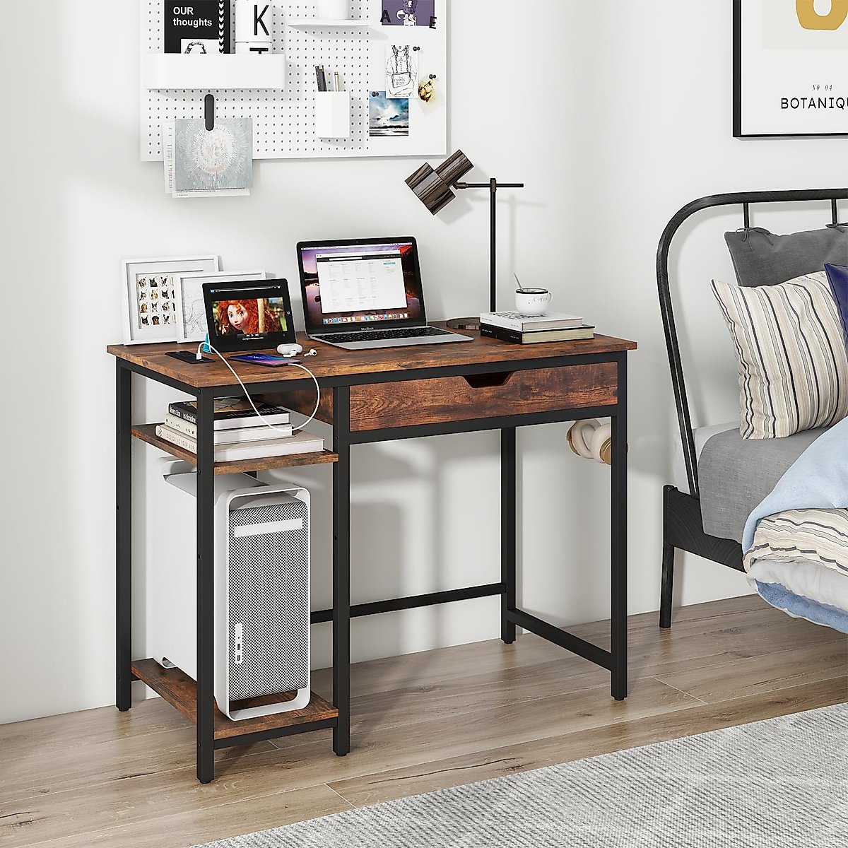 Tangkula Computer Desk with Charging Station, 40” Industrial Home Office Desk with Drawer & Adjustable Shelf, Compact Computer Workstation with CPU Stand & Headphone Hooks, Study Writing Desk