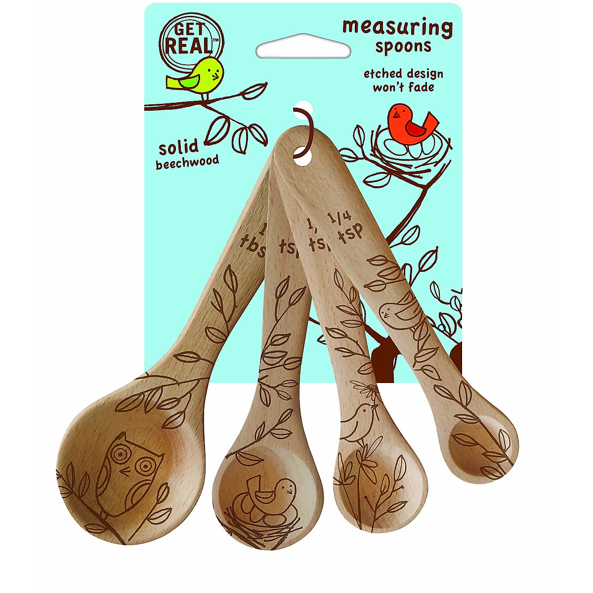 Talisman Designs Laser Etched Beechwood Measuring Spoons | Set of 4 | Nature Design | Natural Wooden Measuring Spoons Set | Cute & Functional Kitchen Tools