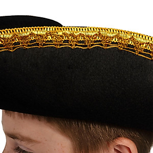 Spooktacular Creations Black Pirate Hat, Colonial Tricorn Hat with Gold Trimming for Adults, Halloween Renaissance Costume Accessory for Revolutionary War RolePlay Party