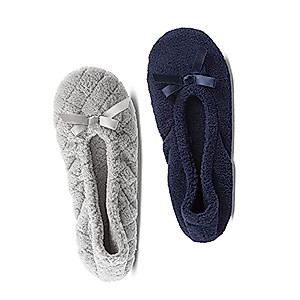 isotoner womens 2 Pack Ballerina Slipper Quilted and Solid Ballet Flat, Light Grey Quilted, Navy Blue Solid, 6.5-7.5 US