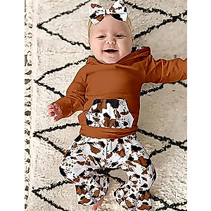 AGAPENG Baby Girl Cow Print Hoodie Sweatsuit - Long Sleeve Sweatshirt & Flare Pants - Fall Winter Clothes 12-18 Month Thanksgiving Outfit