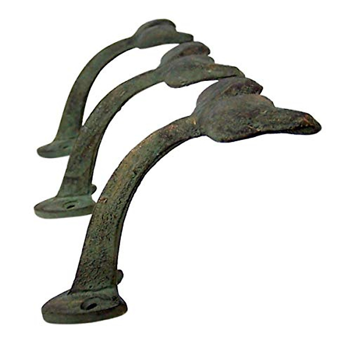 Rustic Green Patina Cast Iron Whale Tail Wall Hooks, 4 1/2 Inches, Set of 3