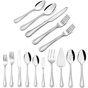 65-Piece Silverware Set with Serving Utensils, HaWare Stainless Steel Flatware Service for 12, Pearled Edge Tableware Cutlery for Home Restaurant Party, Mirror Polished, Dishwasher Safe