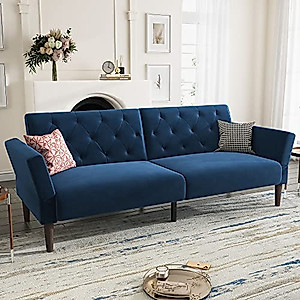 HONBAY Convertible Sofa Bed Velvet Sleeper Couch with Adjustable Armrests Tufted Futon for Living Room and Bedroom, Blue