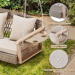 HOMREST 3-Person Wicker Porch Swing with Upgraded Cup Holder, 55 Inch Patio Hanging Swing Bench Chair with Cushions 900lbs Capacity Chains for Deck Garden Backyard (Beige)