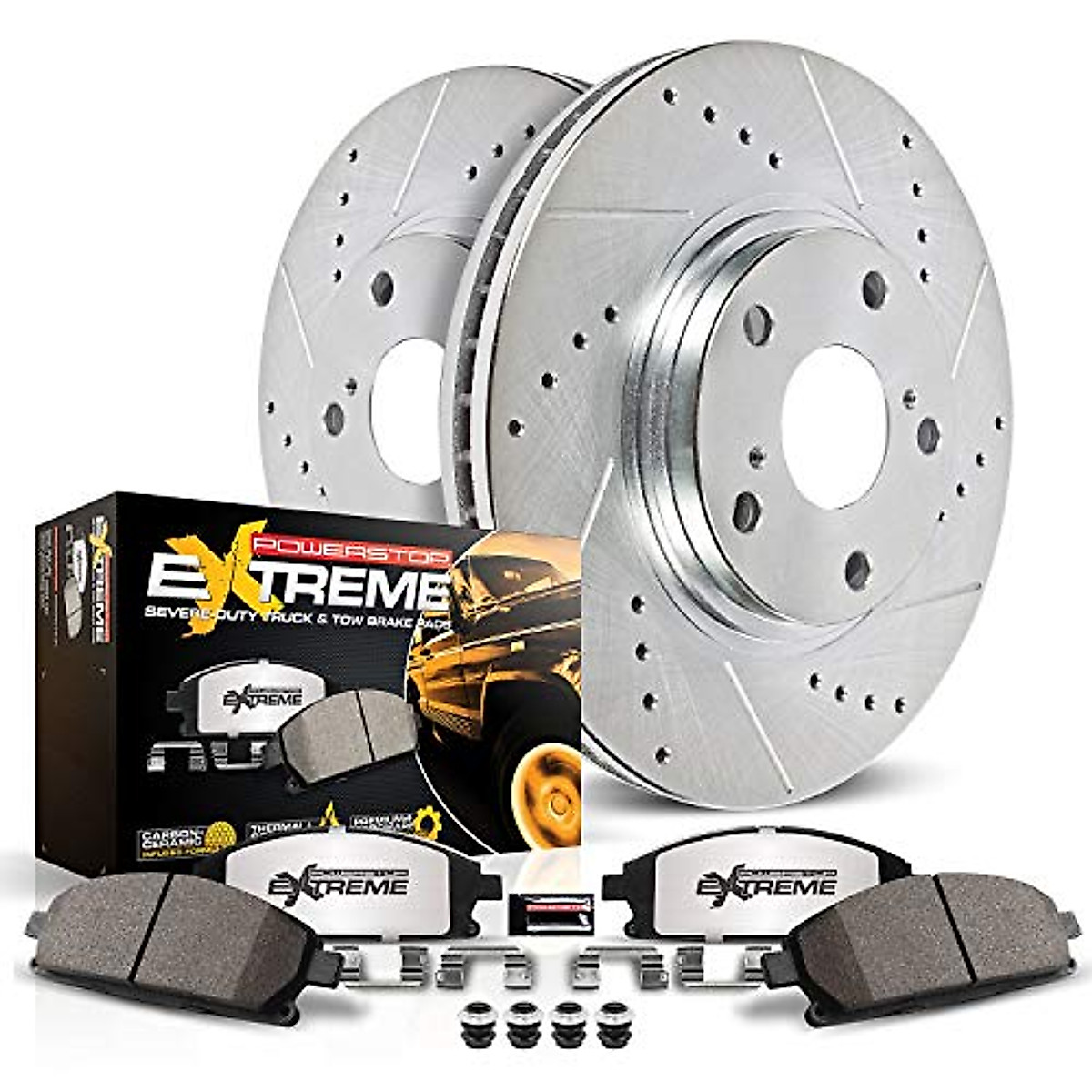 Power Stop K2405-36 Rear Z36 Truck & Tow Carbon Fiber Ceramic Brake Pads and Drilled Slotted Brake Rotors Kit For Lexus GX470 Toyota 4Runner FJ Cruiser Sequoia 6 Lug