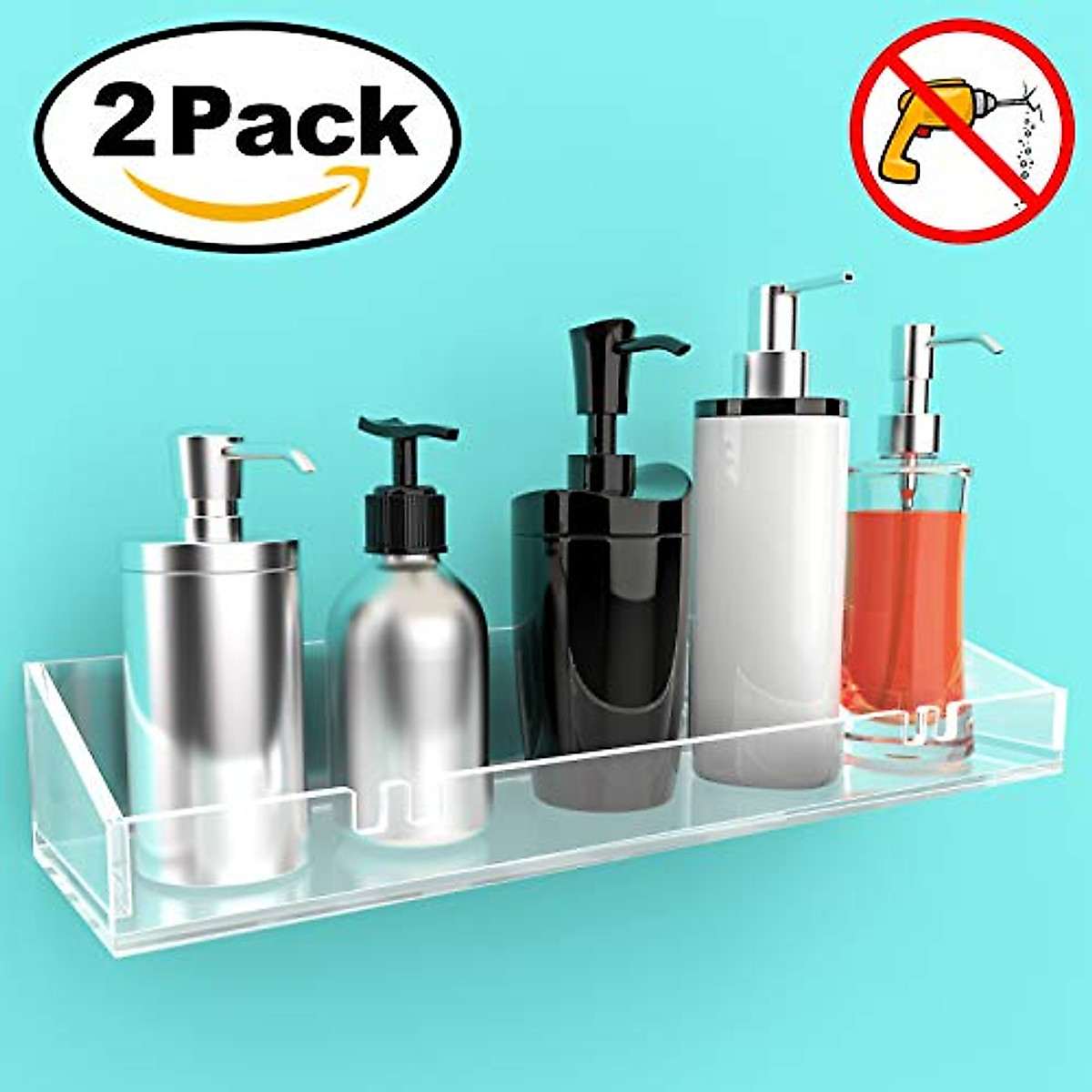 Vdomus Acrylic Bathroom Shelves 2-Pack, Wall Mounted Shower Shelve No Drilling Adhesive Thick Clear Storage & Display Shelves, Bathroom or Bedroom Organization (Upgraded)