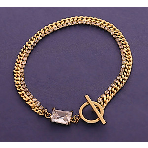 Teitze 18K Gold Plated Link Bracelets Zirconia Trendy Bracelet Dainty Chain Bracelet for Women Mother Gift (Emerald, Yellow Gold)