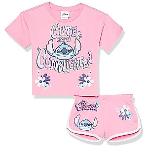 Disney Girls Lilo Stitch French Terry - 4-16 Tee & Short Set, Pink, 10-12 US