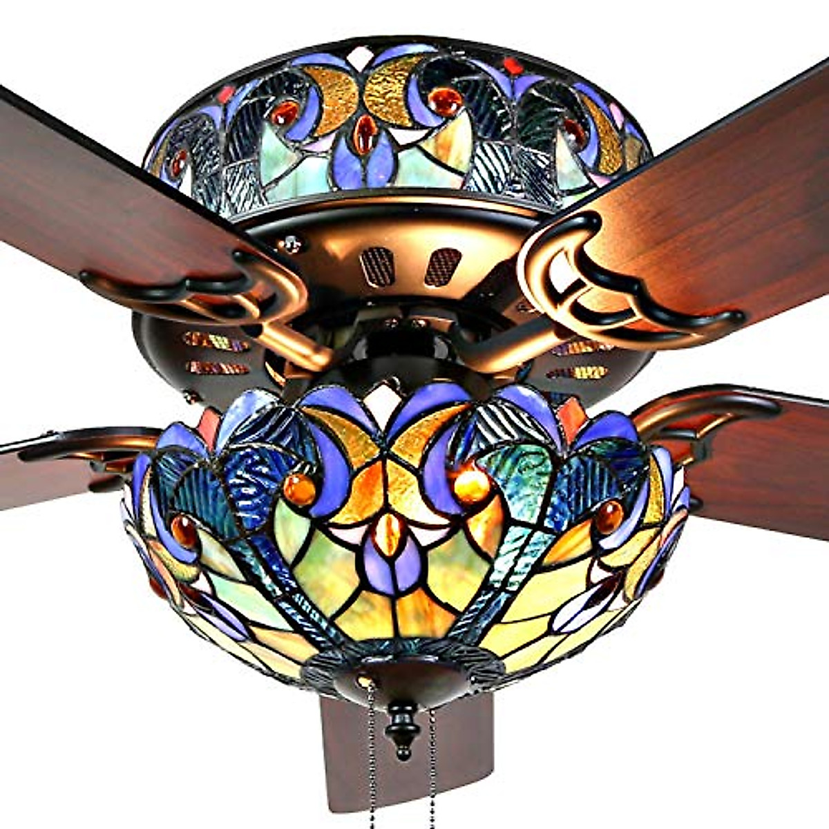 RIVER OF GOODS Tiffany-Style Halston Stained Glass Ceiling Fan - 52" L x 52" W - Mahogany and Black Fan Blades - Blue