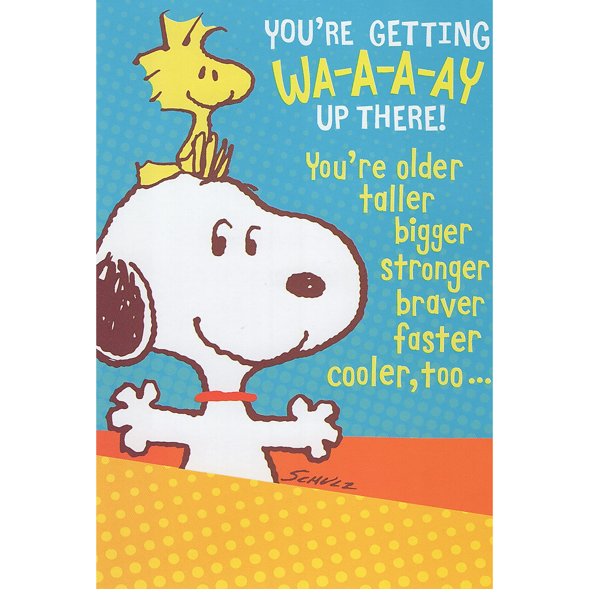Heartline Snoopy, Woodstock Birthday Card - You're Getting WA-A-A-AY Up There! One Year Better - That's So You