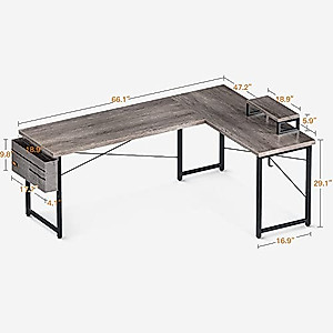 ODK L Shaped Desk, 66" Computer Corner Desk, Gaming Desk, Home Office Writing Desk with Monitor Shelf, Space-Saving Workstation Desk, Modern Simple Wooden Desk, Easy to Assemble, Gray Oak