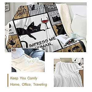Sleepwish Funny Black Cat Blanket Gifts for Cat Wine Lovers Girl, Black Cat Red Wine Throw Plush Blankets for Adults Women Lightweight Fleece Christmas Blankets for Chair Couch Bed (Throw 50"x60")