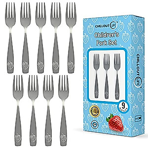 9 Piece Stainless Steel Kids Forks - Child and Toddler Safe Flatware - Kids Utensil Set - Metal Kids Cutlery Set - Includes a Total of 9 Small Kids Forks