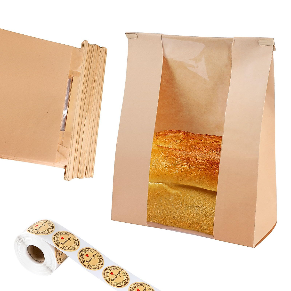 Dualshine 100 Pcs Bread Bags for Homemade Bread Sourdough Bread Bags Paper Kraft with Window Bread Bags 14" x 8.3" x 3.5" with Tin Strip and 500 Pcs Seal Stickers for Cookies Coffee Beans and Bakery