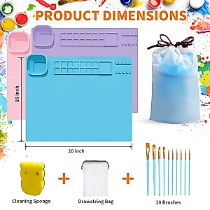 TobNeo Silicone Painting Mat with Detachable Cleaning Cup, 20"x16" Silicone Art Mat Non-Stick Silicone Craft Mat with 10 Brushes, Sponge, Drawstring Bag for Paint, Art, Clay, DIY(Purple)