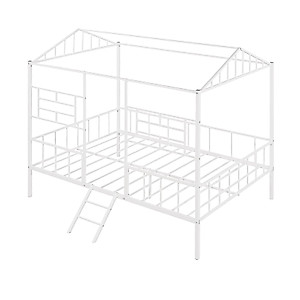 Full House Bed with Fence Railings Metal Cabin Bed Frame with Ladder Child Fun Tent Beds for Toddler Kids Boys Girls Teens, Full Size, White