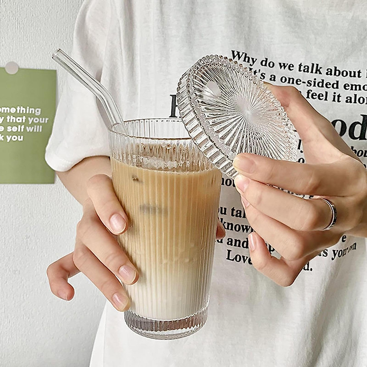 MEFFE Ribbed Glass Stem-ware, Glass Tumbler Stripe Glass Cup, Elegant Ribbed Glass Tumblers, Ribbed Glass Drinking Jars, Coffee Cup With Lid and Straw Drinking Glasses for Iced Coffee, Milk, Tea, Jui