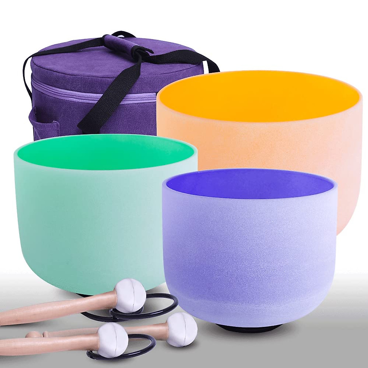 ENERGYSOUND 432 Hz Chakra set of 3 PCS Frosted 11" D, 9" F, 7" B Colored Quartz Crystal Singing Bowl