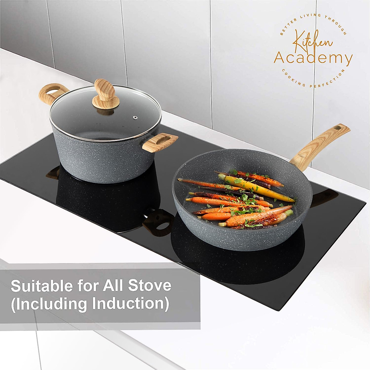 Kitchen Academy Granite Nonstick Cookware Set - 17 Piece Gray Cooking Pans Set, Induction Pots and Pans Set Non Stick, PFOA & PFOS Free.