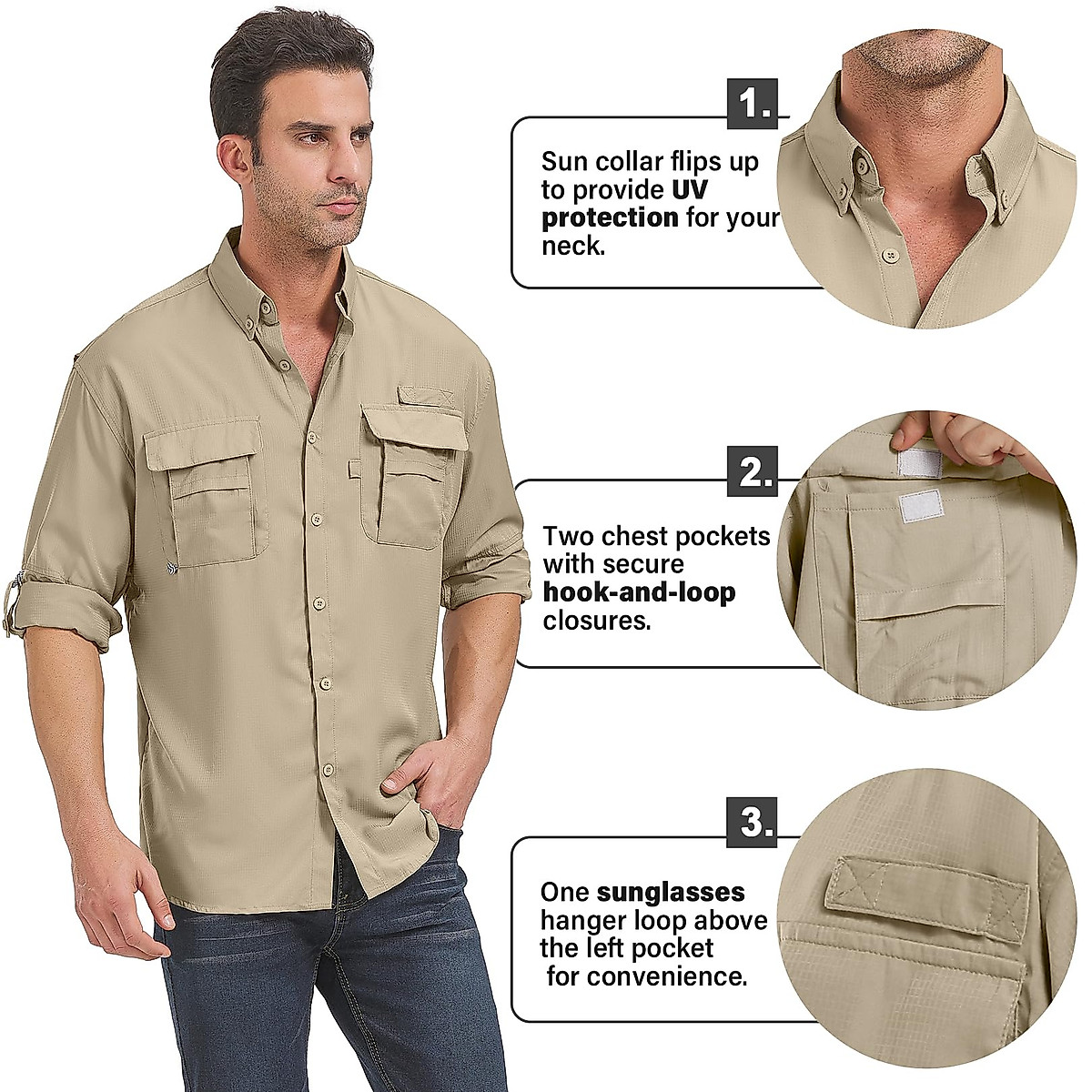 Men’s Long Sleeve Shirts UV UPF 50 Sun Protection Hiking Fishing Safari Shirt Quick Dry Cool Utility Blouse (5052 Khaki S)