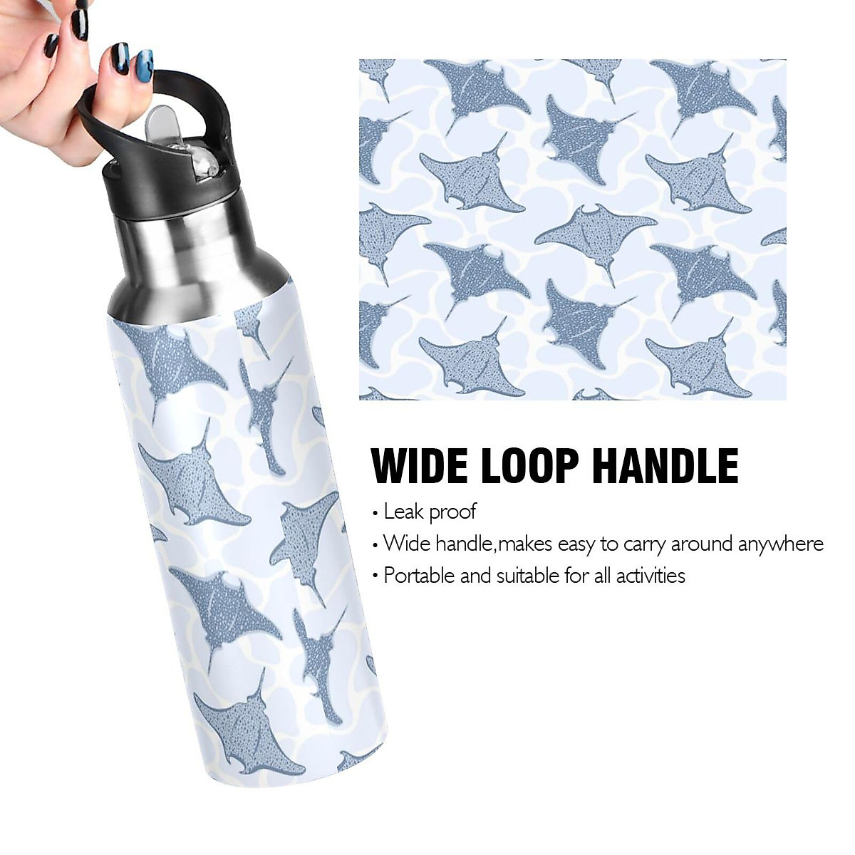 Dussdil Stingray Fishes Water Bottle Kid's Vacuum Insulated Tumblers Stainless Steel Cup BPA Free with Handle Straw Lid for Boys Girls Gifts 20 Oz