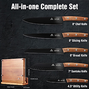 ENOKING 6PCS Knife Set with block, Magnetic Wood Knife Holder with Acrylic Shield, German High Carbon Stainless Steel Blades