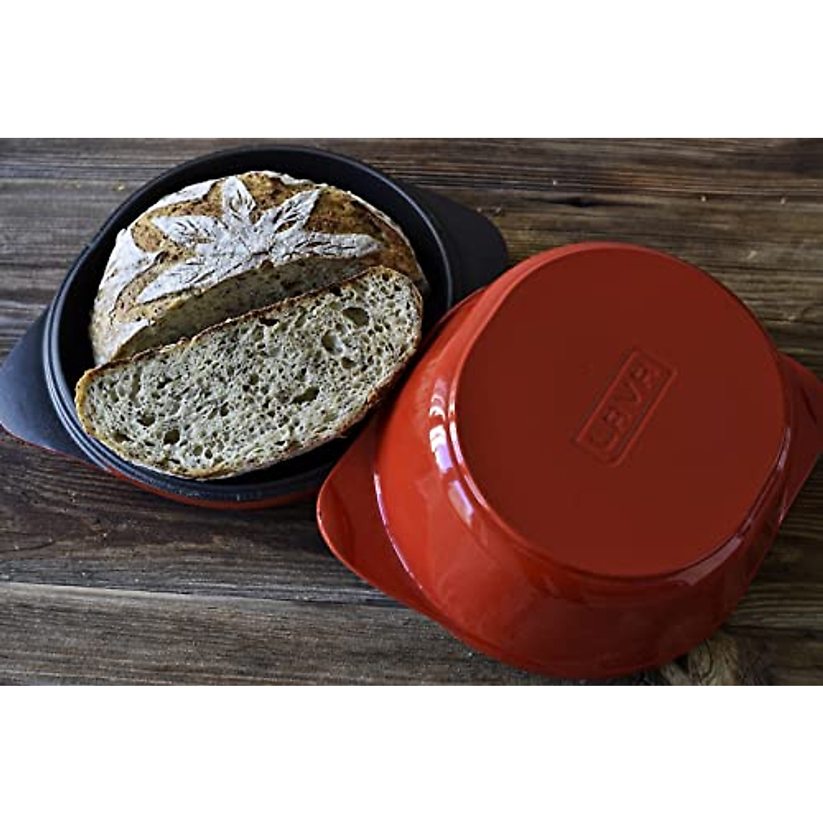 Lava Cast Iron Artisan Bread Baker, Enameled Cast Iron Bread Oven, Rectangle Loaf Pan, Sourdough, Italian, French Bread Baking Pan, Bread Kit with Lid (Red, 9.5" by 10.5")