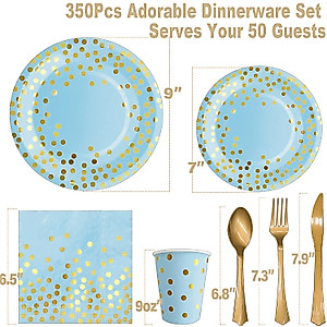 350PCS Blue and Gold Party Decorations 50 Guests Blue Paper Plates Plastic Forks Knives Spoons & Golden Dot Blue Party Plates Napkins Cups for 2023 Graduation Decorations Baby Shower Boy Birthday