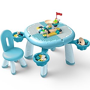 DOREROOM Kids Table and Chair, Kids Multi-Activity Table with Double-Side Tabletop, Toddler Table and Chair Set for Ages Over 1, Block Table with Storage, Toddler Activity Table for Daycare (Blue)