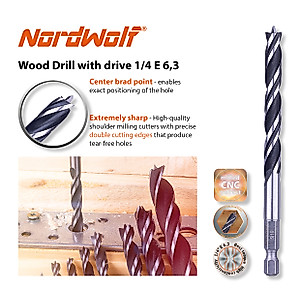 NordWolf 12-Piece Brad Point Wood Drill Bit Set for Carpenter Woodworking, Double Flutes Design with 1/4" Hex Shank, SAE Sizes 1/8" to 1/2"