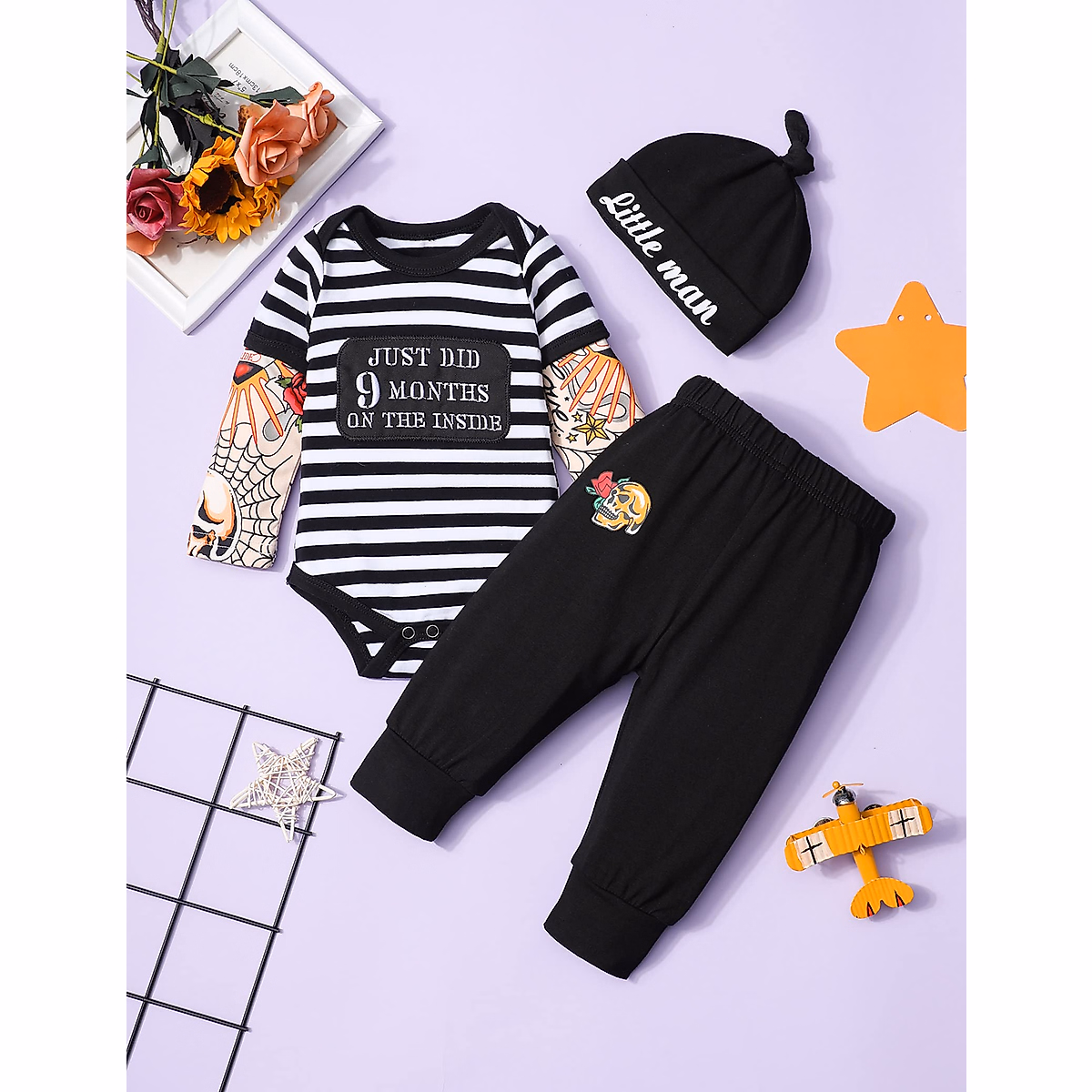 Baby Boy Clothes 0-3 Months Fake Tattoo Sleeve Just Did 9 Months On The Inside Funny Baby Romper Rockabilly Bodysuits +Little Man Hat + Skull Pant 3PCS Outfits Set
