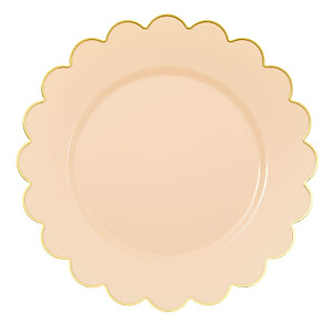 BLUE PANDA 50 Pack Ivory Pink Plastic Plates for Party, 9 Inch Disposable for Party Supplies, Wedding, Gold Foil Scalloped Edges