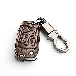 WFMJ Leather for Chevrolet Camaro Cruze Sonic Buick GMC Flip 5 Buttons Key Fob Case Cover Chain (Brown)