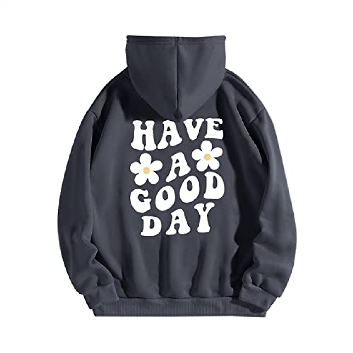 Women Oversize Fleece Hoodie Sweatshirt Long Sleeve Floral Slogan Letter Graphic Print Drop Shoulder Drawstring top Grey