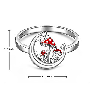Fenthring Sterling Silver Mushroom Ring Moon Red Magic Mushroom Rings for Women Celestial Band Mushrooms Jewelry Size 9